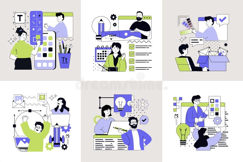 Graphic Web Design Concept Set. Collection with People Working on Website, Finding Creative ...