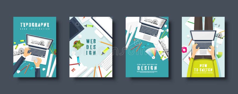 Graphic and Web Design. Flat Style Covers Set. Designer Workplace with ...