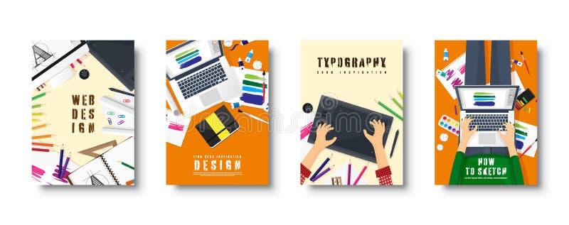 Graphic and Web Design. Flat Style Covers Set. Designer Workplace with ...