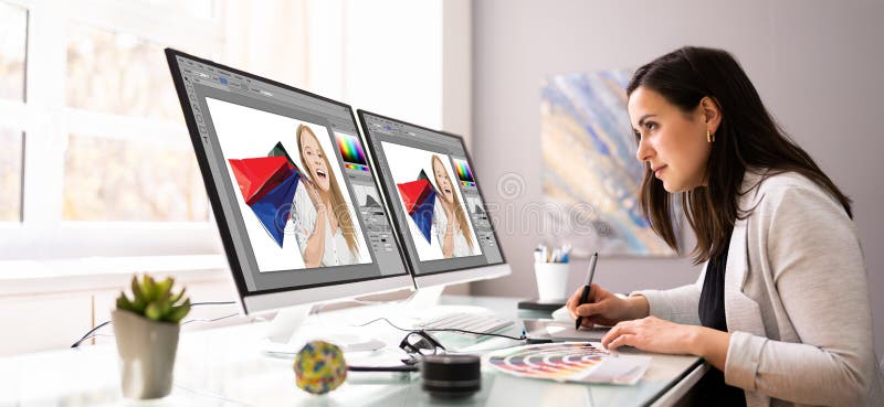 Graphic Web Designer Using Multiple Monitors Desktop Computer Stock ...