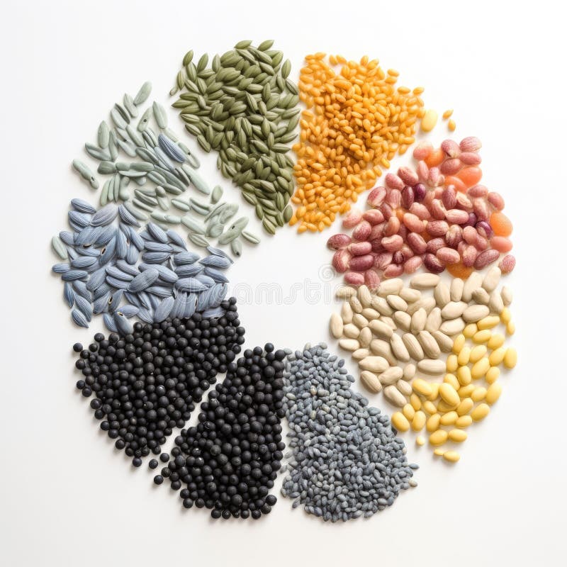 Graphic Wheel with Several Different Raw Seeds and Beans with a White ...
