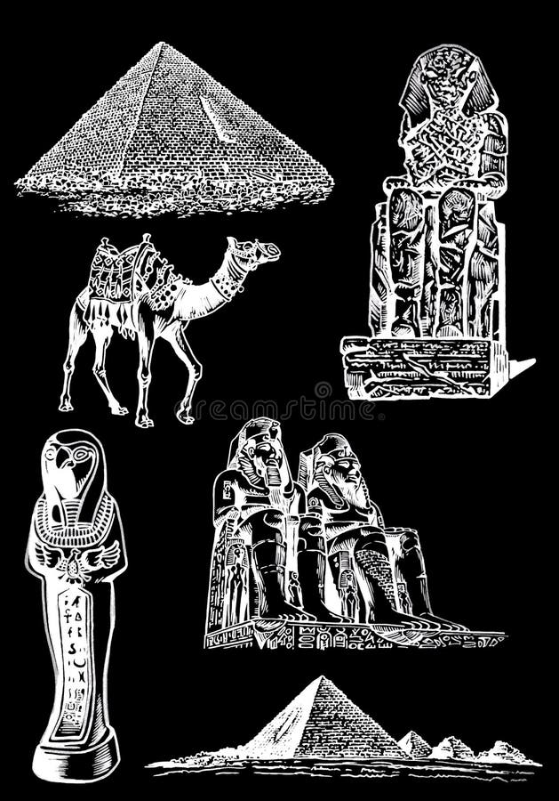 Graphical Big Set of Egypt Landmarks Isolated on Black, Vector Engraved ...