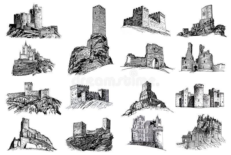 Graphical Big Set of Medieval Catles Isolated on White, Vector ...