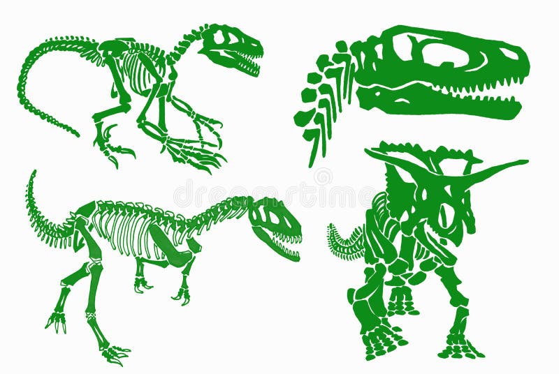 Graphical Color Illustration, Set of Green Dinosaur Skeletons Isolated ...
