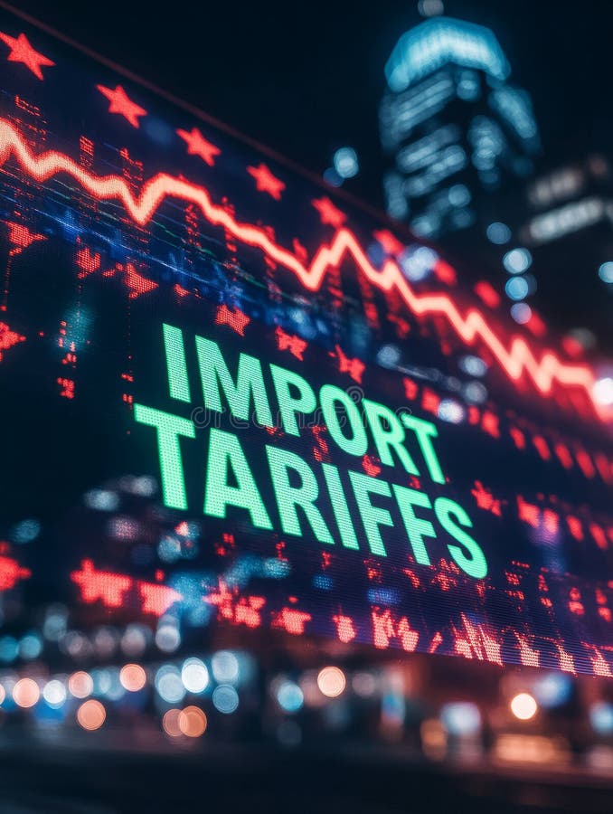 Graphical Display of Import Tariffs in a Cityscape at Night. Stock ...