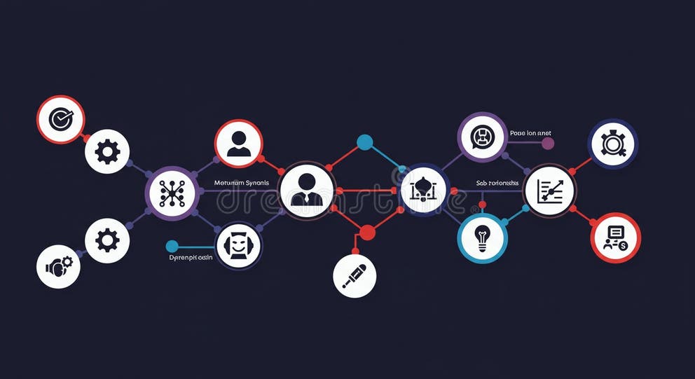 A Graphical Flowchart with Interconnected Nodes and Icons on a Dark ...