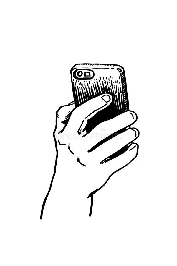 Graphical Hand Holding Smartphone , Vector Illustration. Ink Pen ...