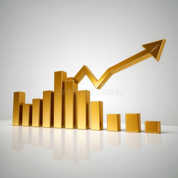 Gold Bar Graph with Upward Arrow on Reflective Background Stock ...