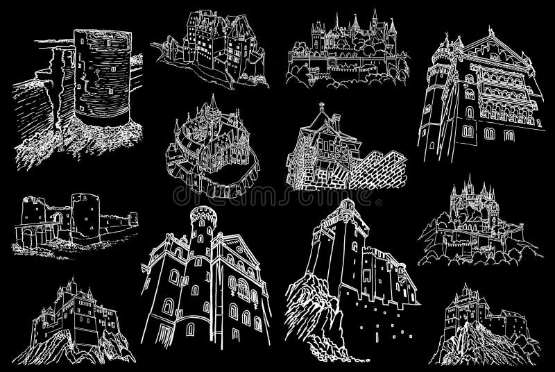 Graphical Set of Castles from Germany Isolated on Black,vector Sketchy ...