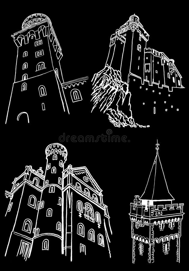 Graphical Set of Castles from Germany Isolated on Black,vector Sketchy ...