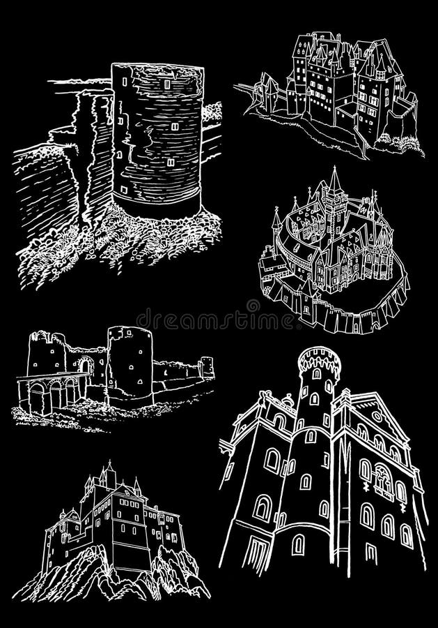 Graphical Set of Castles from Germany Isolated on Black,vector Sketchy ...