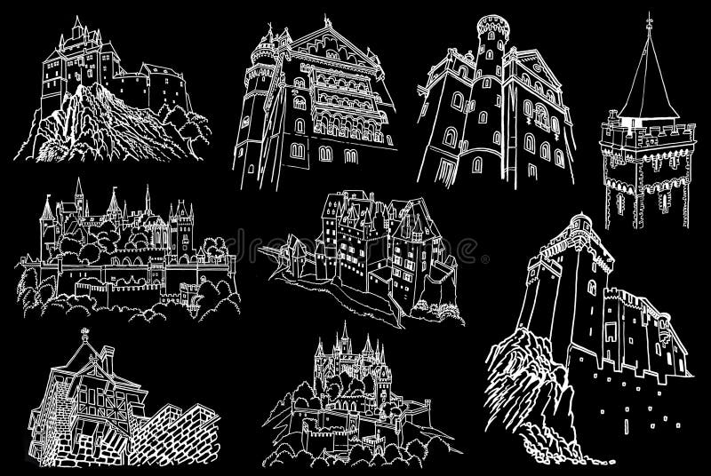 Graphical Set of Castles from Germany Isolated on Black,vector Sketchy ...