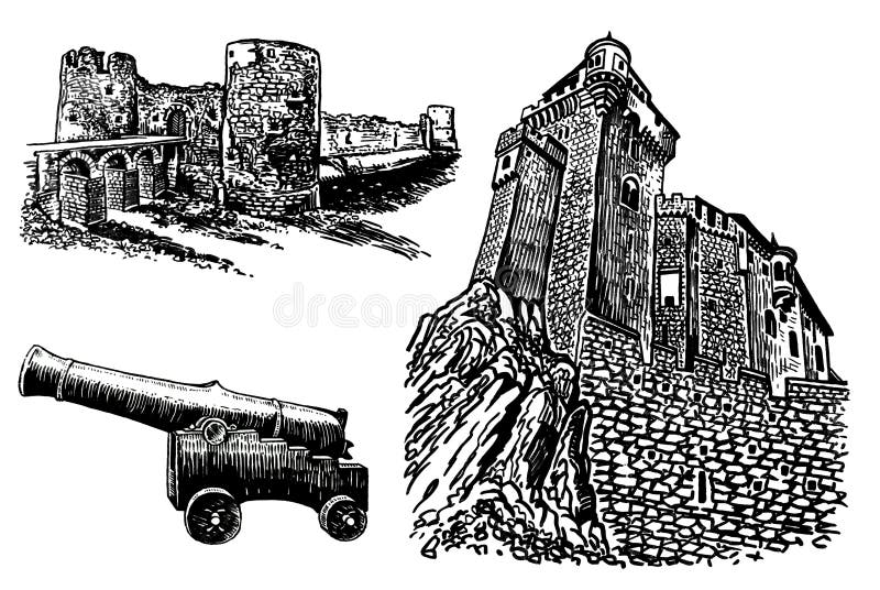 Graphical Set of Fortresses and Medieval Guns Isolated on Black ...