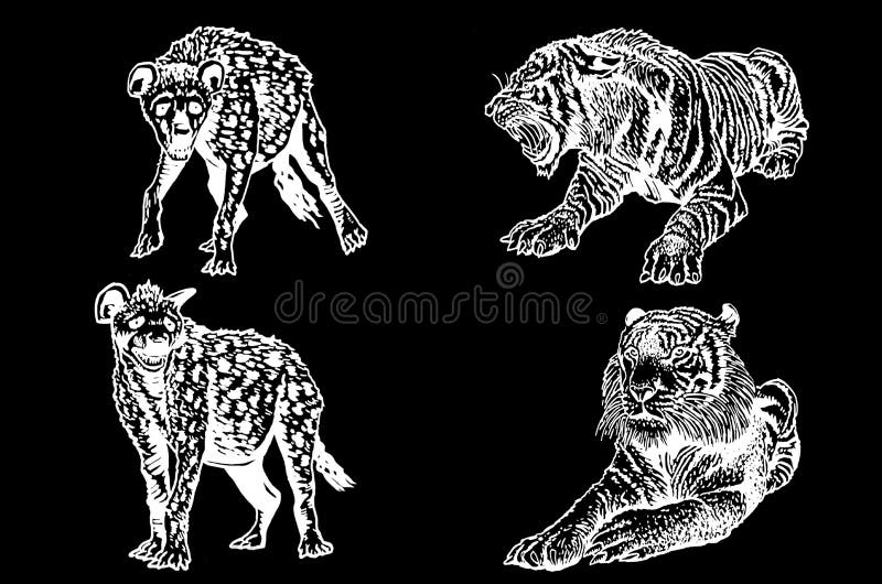 Graphical Set of Wild Animals Isolated on Black Background. Editorial ...