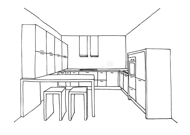 Kitchen One Point Perspective Drawing