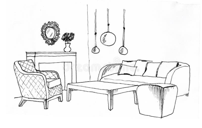 Graphical Sketch of an Interior Living Room Stock Illustration ...