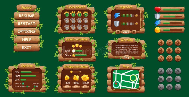 Vector Game Ui Big Kit. Template Wooden Menu of Graphical User ... Vector Game Ui Big Kit. Template Wooden Menu of Graphical User ...