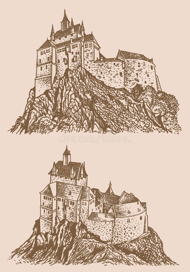 Graphical Vintage Set of Medieval Germany Castles on Sepia Background ...
