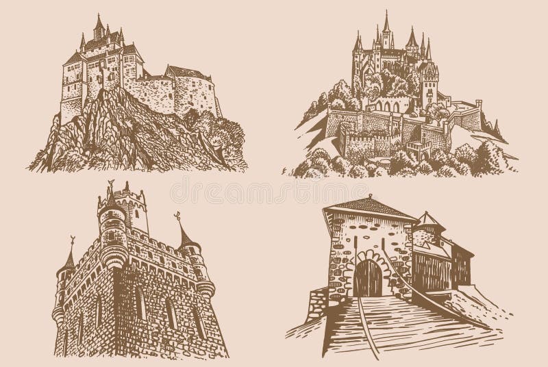 Graphical Set of Castles from Germany Isolated on White,vector Sketchy ...
