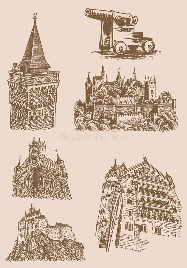 Graphical Vintage Set of Medieval Germany Castles on Sepia Background ...