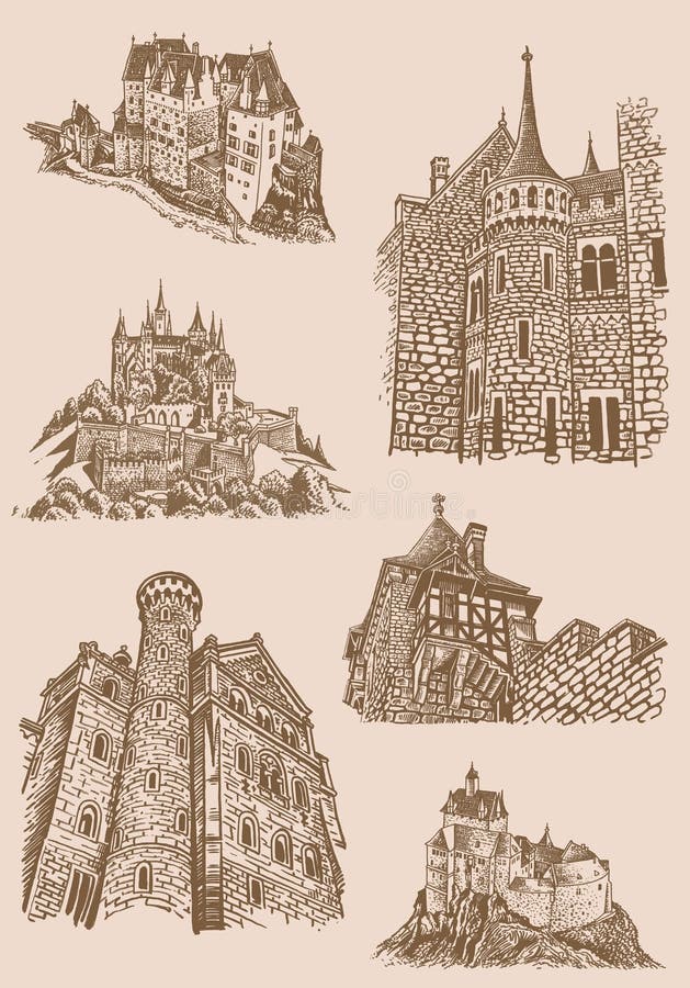 Graphical Vintage Set of Medieval Germany Castles on Sepia Background ...