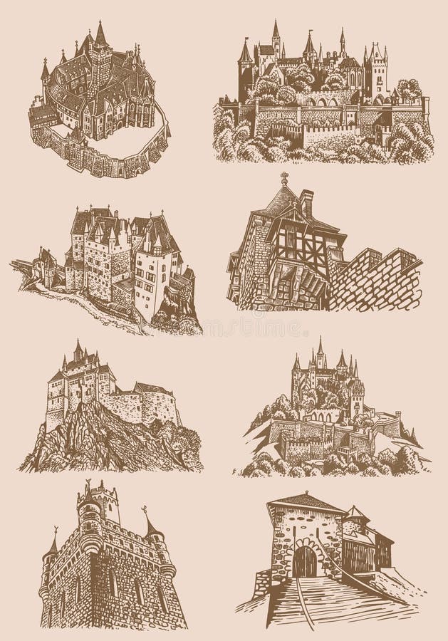 Graphical Vintage Set of Medieval Germany Castles on Sepia Background ...
