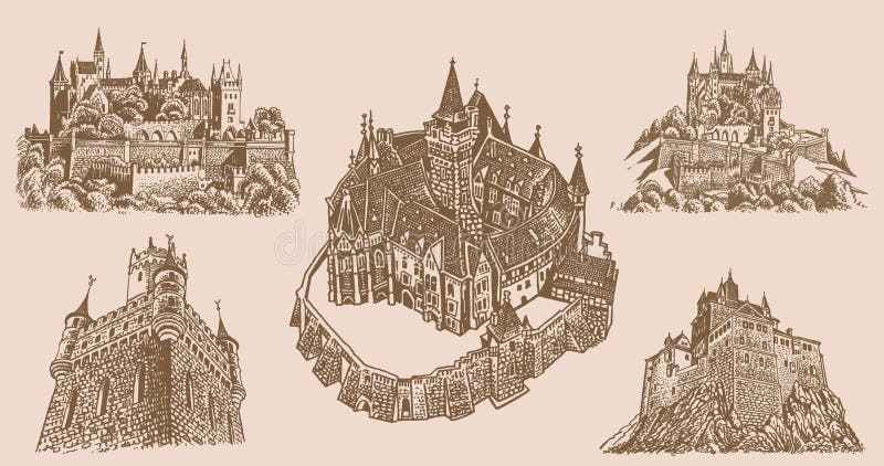 Graphical Set of Castles from Germany Isolated on White,vector Sketchy ...