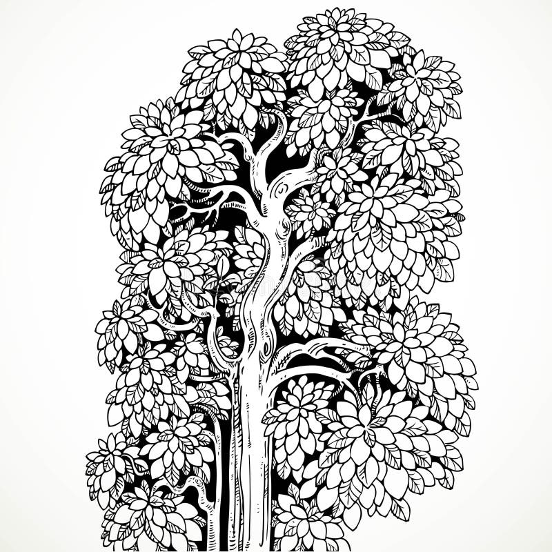 Graphically Drawing Black Ink Tree with Luxuriant Branches and L Stock ...