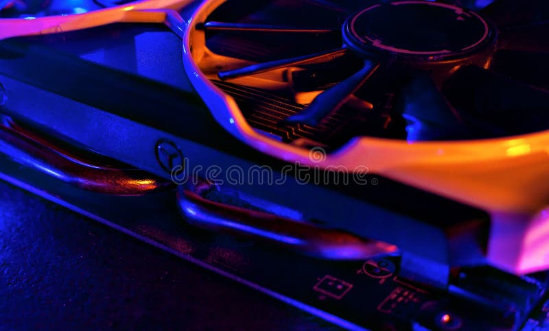 Graphics Card in Neon Light. Cooling in a Computer. Fan Blade Stock ...