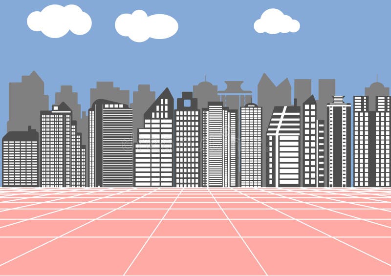 Graphics Design Drawing Building Tower with Cloud and Sky Landscape ...