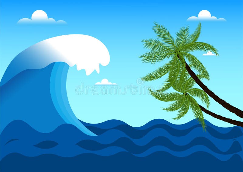 Graphics Design Drawing Ocean Wave, Coconut Tree Vector Illustration ...