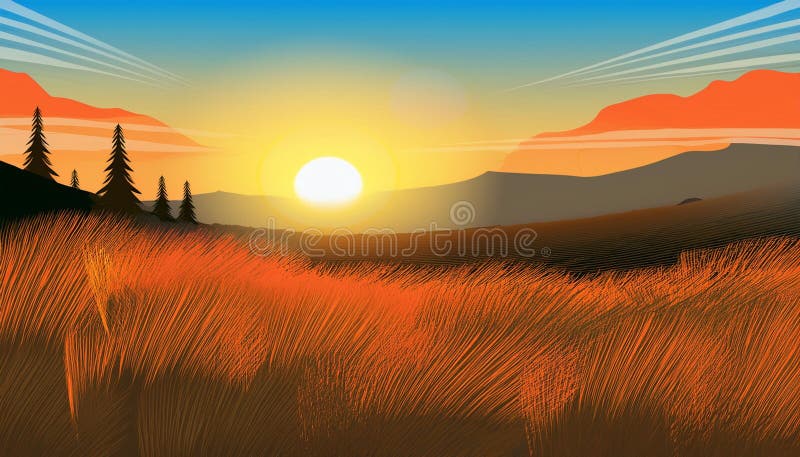 Graphics Drawing Landscape View Outdoor of Sunset with Grass on the ...