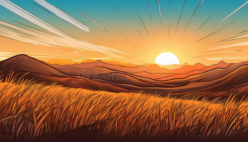 Graphics Drawing Landscape View Outdoor of Sunset with Grass on the ...