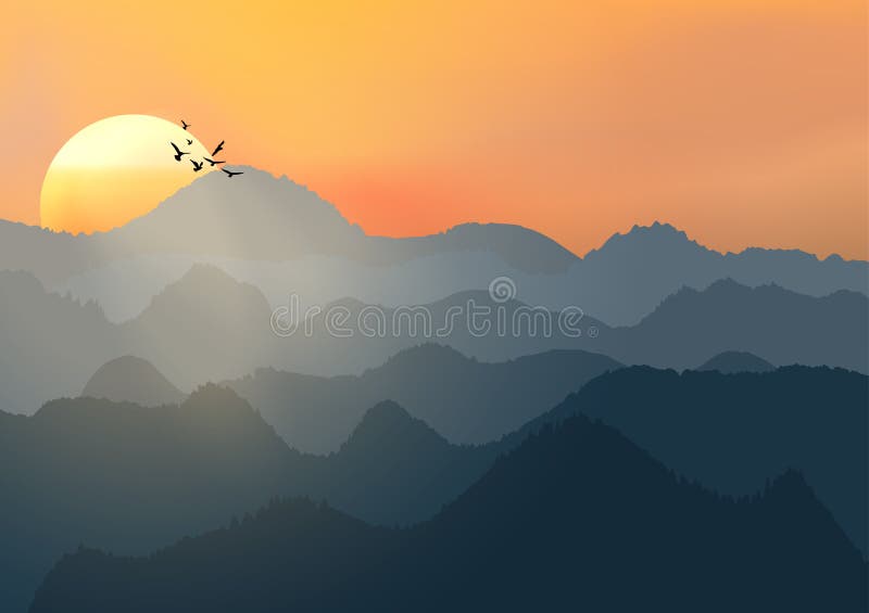 Graphics Drawing Landscape View Sunrise in the Morning with Mountain ...