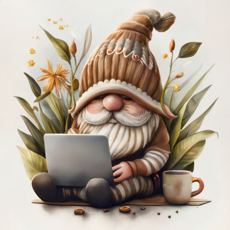 Graphics of a Elf Working on a Computer and Drinking Coffee Stock ...