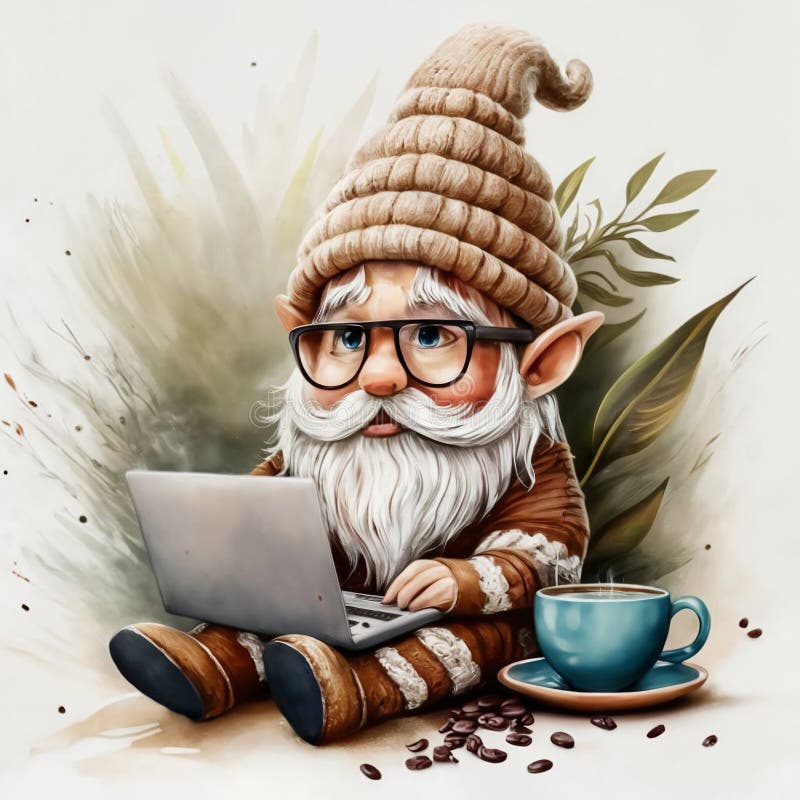 Graphics of a Elf Working on a Computer and Drinking Coffee Stock ...