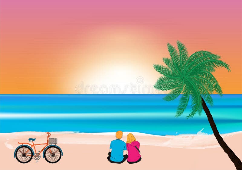 Graphics Image a Couple Man and Women Sitting at the Beach Design ...