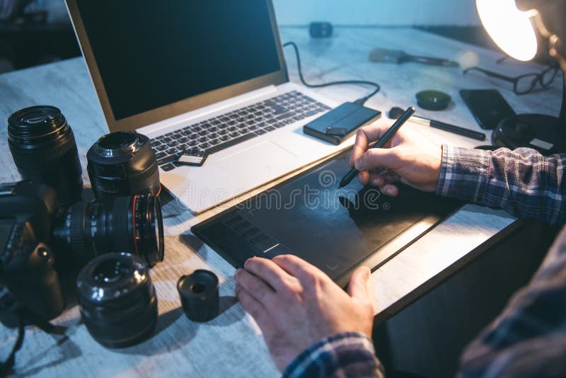 Graphics Tablet and Camera with Computer on Table Stock Photo - Image ...