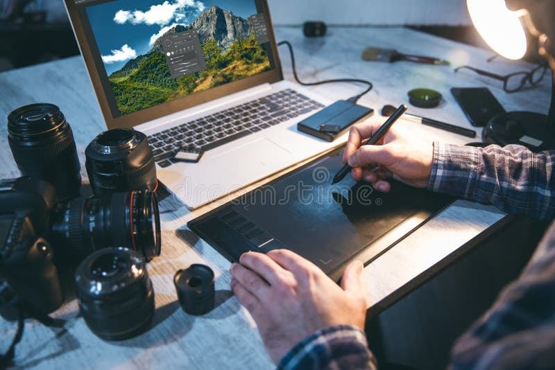Graphics Tablet and Camera with Computer on Table Stock Photo - Image ...