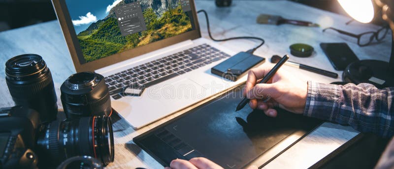 Graphics Tablet and Camera with Computer on Table Stock Image - Image ...