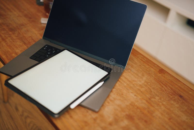 Graphics Tablet Placed Laptop. Blank White Screen Mockup Stock Image ...