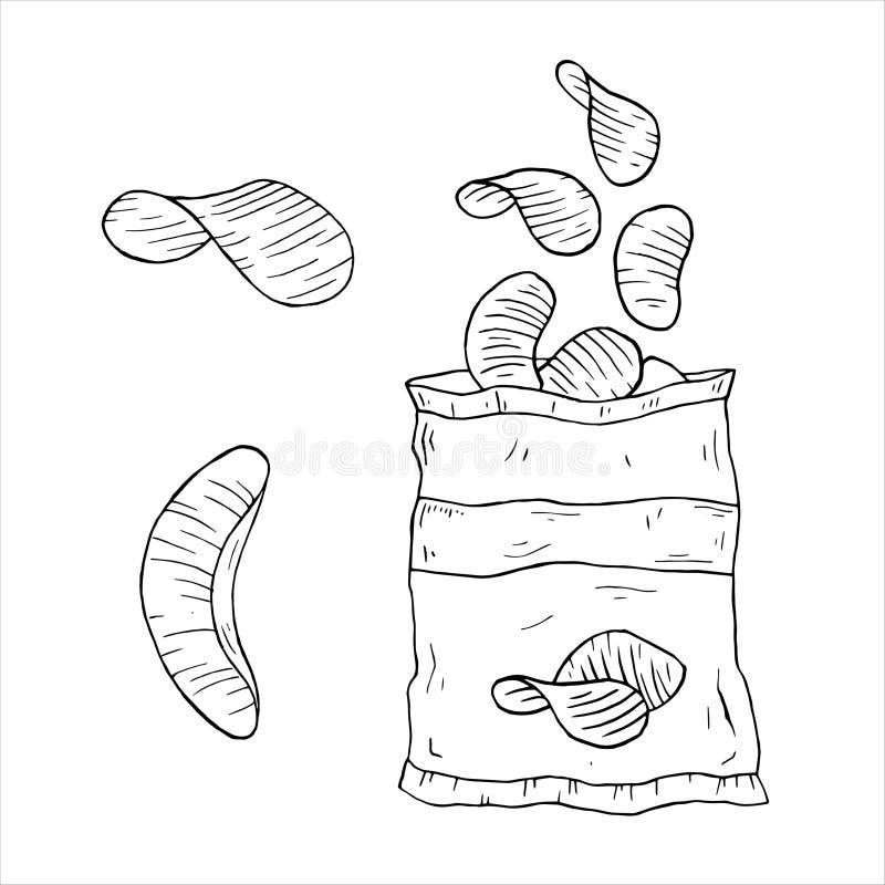 Graphics Vector Black Outline Potato Set with Chips in a Pack, Chips ...