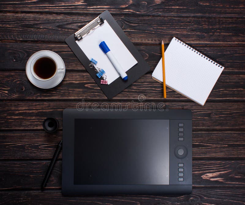 Graphik Tablet on Wood Table. Top View Stock Photo - Image of creative ...