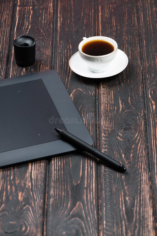 Graphik Tablet on Wood Table. Top View Stock Image - Image of digital ...