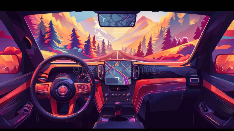 Graphite Cartoon Illustration of Vehicle Dashboard with Forest Road ...