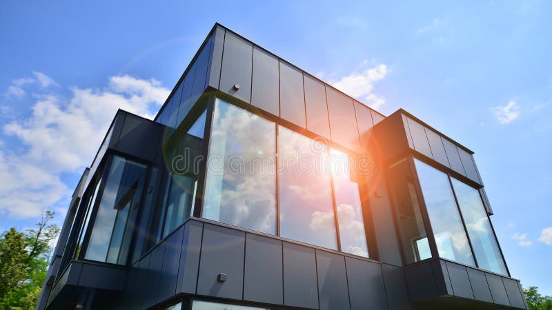 Graphite Facade and Large Windows on a Fragment of an Office Building ...