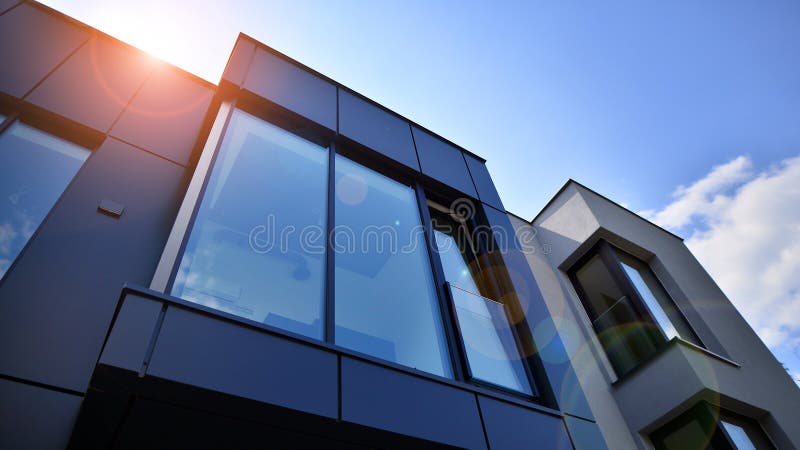 Graphite Facade and Large Windows on a Fragment of an Office Building ...