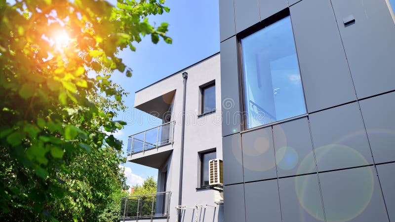 Graphite Facade and Large Windows on a Fragment of an Office Building ...