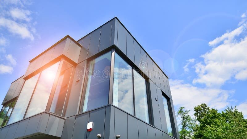 Graphite Facade and Large Windows on a Fragment of an Office Building ...