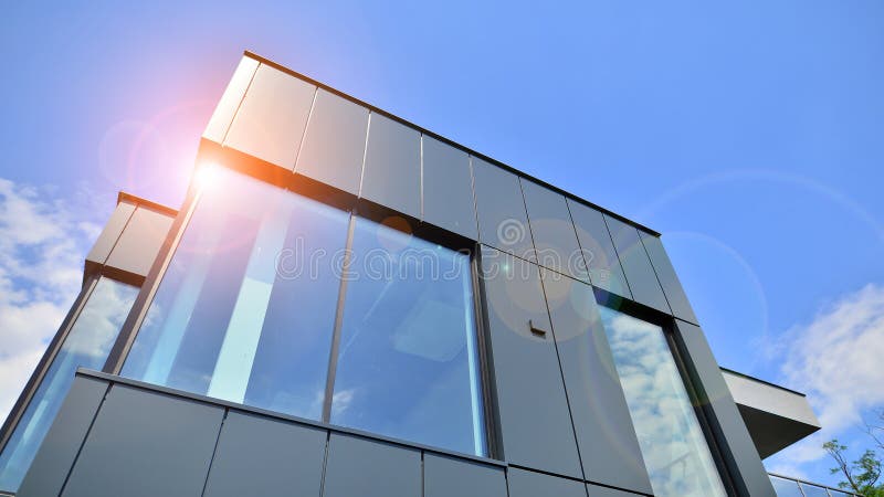 Graphite Facade and Large Windows on a Fragment of an Office Building ...